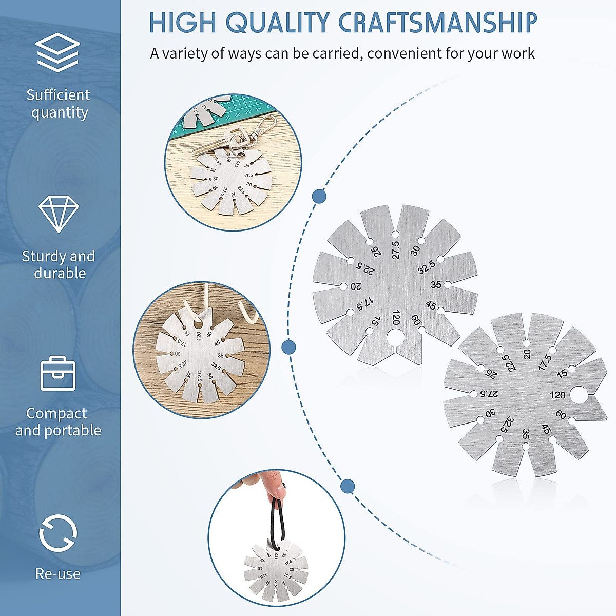 2 Pieces Stainless Steel Bevel Gauge Axe Angle Gauge Round Shape Knife Angle Finder Knife Blade Angle Gauge 15-120 Degree for Measuring Knife Angle