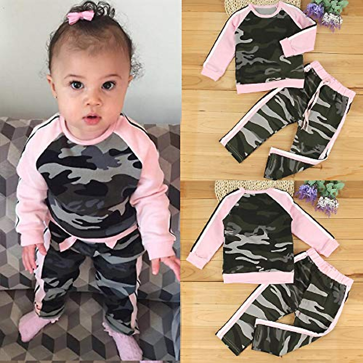 puseky Toddler Baby Girls Camouflage Long Sleeve Shirt & Pants Tracksuit Outfits (4T-5T, Camouflage+Pink)