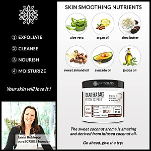 pureSCRUBS Premium Organic Body Scrub Set - INCLUDES spoon, loofah & soap - Large 16oz COCONUT BODY SCRUB Dead Sea Salt Infused Organic Essential Oils & Nutrients