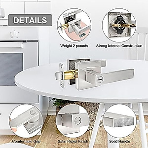 6 Pack Square Door Lever Privacy Door Lock Handleset, Keyless Lockset Door Knobs Interior Door Knobs Storage Room Bathroom Set Reversible Keyless Flat Levers in Satin Nickel