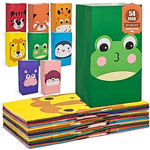 VGOODALL 54PCS Party Favor Bags, Animal Goodie Bags Paper Gift Bags with Stickers Treat Bags Return Gift Bags for Kids Birthday Party Supplies 4.7" x 3.1" x 8.7"