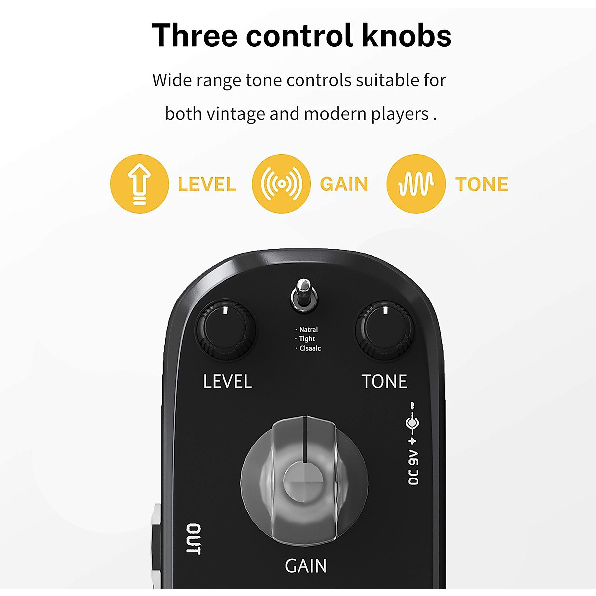 AZOR Distortion Guitar Effect Pedal 3 Modes Natural, Tight, Classic with Guitar Pedal Power Cable,9V Battery Clip Converter Power Cable