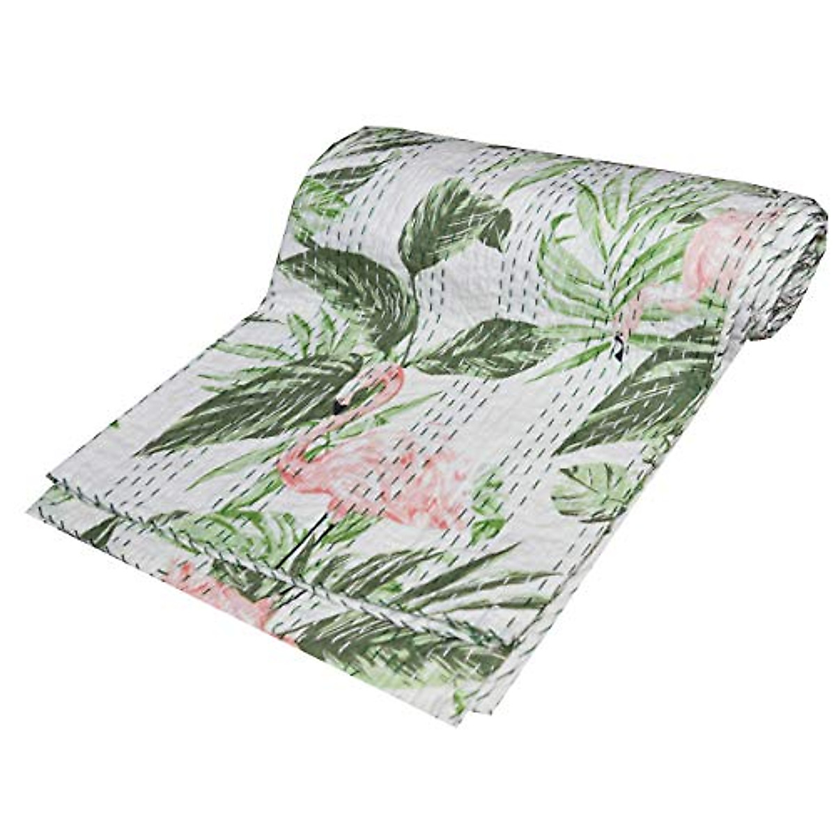 SHIRANYA Cotton Kantha Quilt Bedspread Queen Indian Handmade Flamingo and Leaf Print Throw Blanket Reversible Traditional Patchwork Stitched Bedding Comforter Decorative (90x108 Inch/220x274 cm)