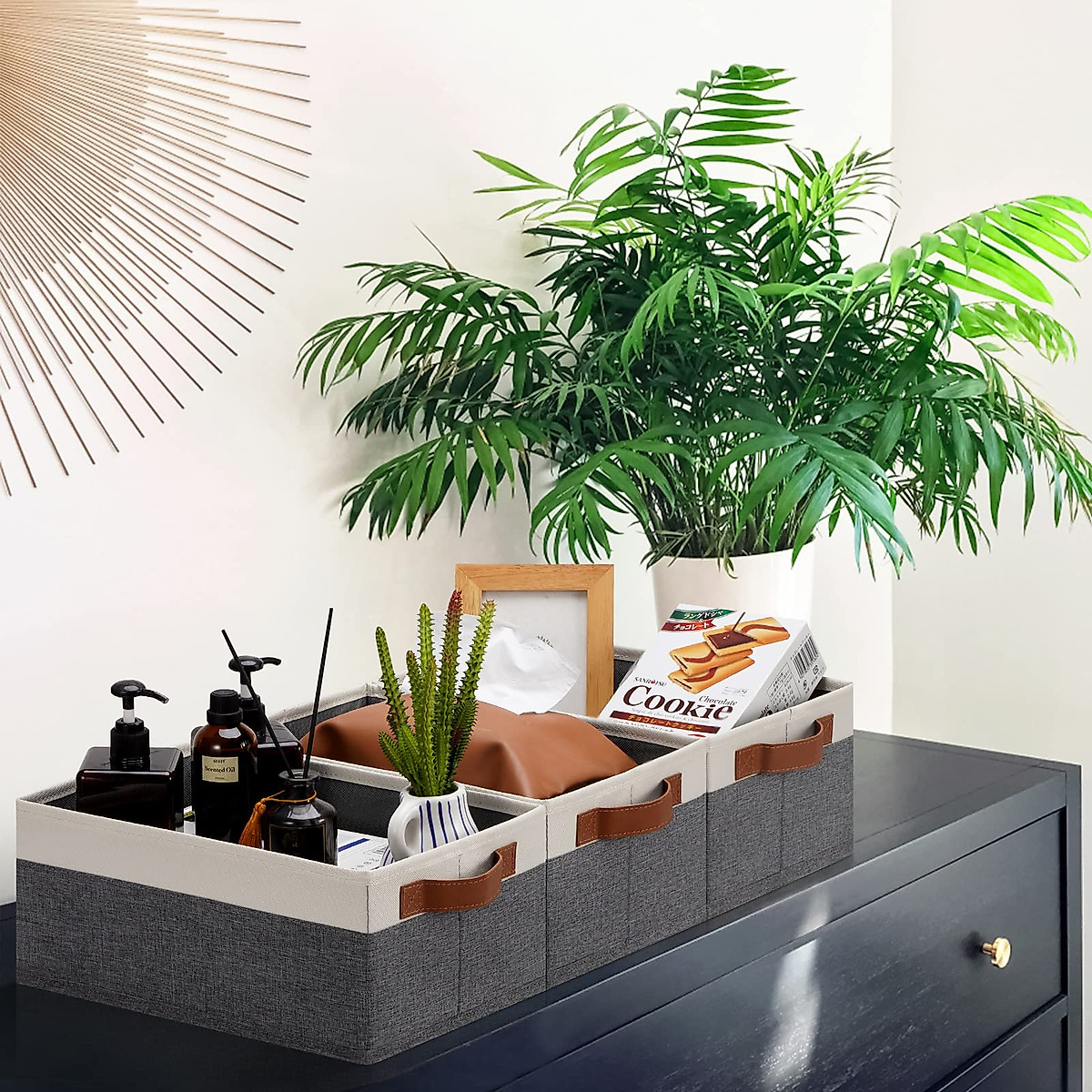 GhvyenntteS Small Fabric Storage Bins 6 Pack, Storage Basket with Leather Handles, Closet Storage Bins for Shelves, Storage Baskets for Shelves, Home, Office (Grey/White, 11.8" x 7.87" x 5.11")