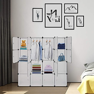 VINGLI Portable Closet Wardrobe, Cube Storage Organizer, Plastic Storage Closet, Shelf Unit, DIY Cube Shelves with Doors and Hanging Rods, 15 Cubes