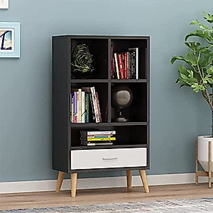 MIN WIN Cube Bookshelf 4 Tier Open Bookcase with Drawers & Legs, 41" Tall Black Wood Bookshelves Display Short Book Shelf,Freestanding Decorative Storage Organizer Shelf for Living Room Home Office