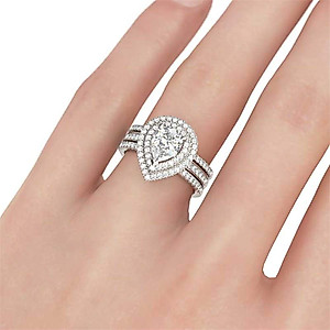Jeulia 3ct Double Halo Engagement Ring 925 Sterling Silver 3PC Wedding Ring Set Pear Cut Cubic Zirconia Band Anniversary Promise Rings with Jewelry Gift Box (6.5)