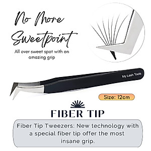 My Lash Tools Fiber Tip Lash Tweezers for Eyelash Extensions Pro Tweezer for Volume Lashes Japanese Stainless Steel Mink Lashes Fan Making Mega Volume Boot Angled Lashing Tweezers (Black)