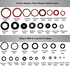 141 PCS Rubber Sealing Washer Kit with 225 PCS Faucet O-Rings Gasket Seal Assortment Set,34 Different Assorted Sizes