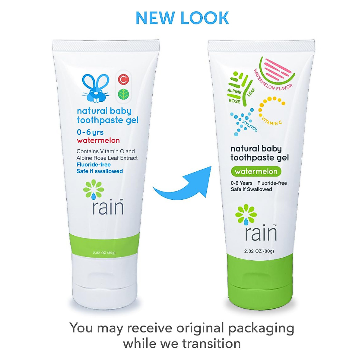 Rain Natural Bamboo Kids Toothbrush Set Fluoride-Free Baby Toothpaste Safe to Swallow with Vitamin C for 6 to 12 Months Up Infant Toddler Toothbrush BPA-Free Biodegradable (1 Toothbrush 1 Toothpaste)