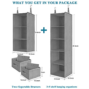 8-Shelf Hanging Closet Organizer with 2 Drawers, 3-Shelf and 5-Shelf Separable Closet Hanging Organizer,Fabric Cloth Hanging Shelf with 2 Sturdy Hooks for Home Clothes Toy Storage, Gray