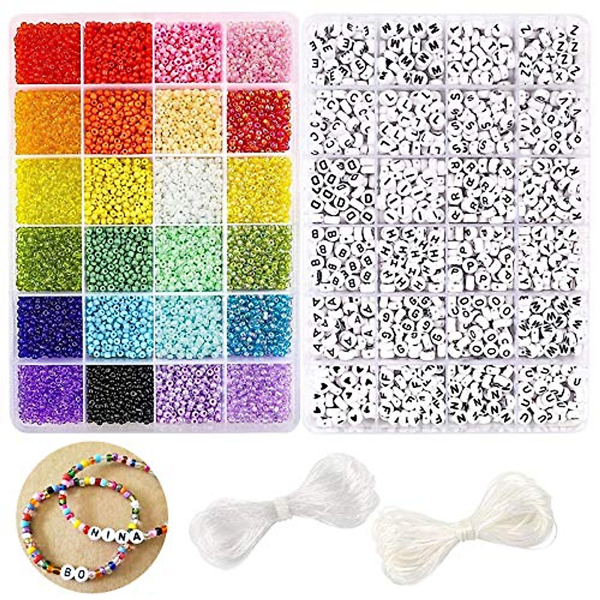 DICOBD Craft Beads Kit 10800pcs 3mm Glass Seed Beads and 1200pcs Letter Beads for Friendship Bracelets Jewelry Making Necklaces and Key Chains with 2 Rolls of Cord
