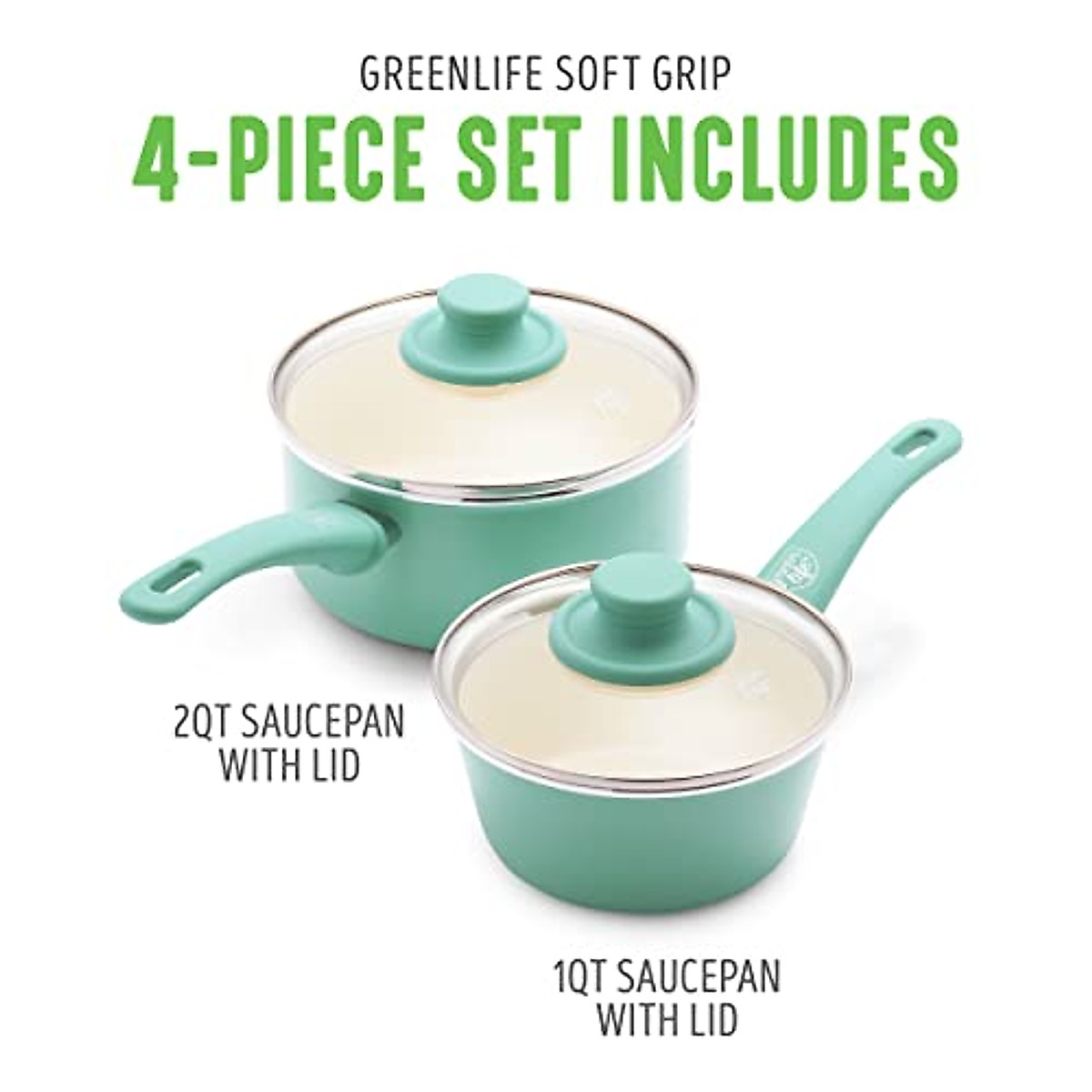 GreenLife Soft Grip Healthy Ceramic Nonstick, 1QT and 2QT Saucepan Pot Set with Lids, PFAS-Free, Dishwasher Safe, Turquoise