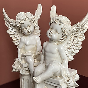 OwMell Set of 2 Cherub Angels on Roman Pillar Garden Statue Greek Column Angel Figurine Sculpture Indoor Outdoor Home Garden Decoration Antique Resin 9.8"
