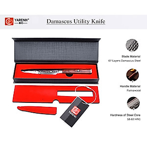 YARENH Kitchen Knife,Fruit Knife 5 inch,Damascus Steel Blade,High Carbon,67 Layers,Full Tang,Kitchen Utility Knife for Professional Chef,Pakka Wood Handle,Gift Box Packaging, HYZ-Series