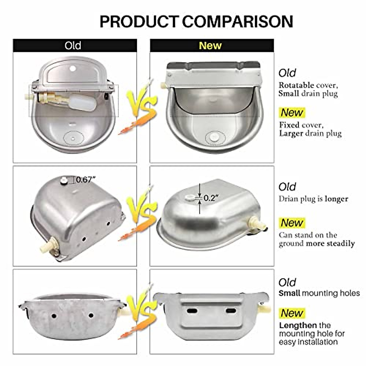 ZHEQOGZH Stainless Steel Automatic Waterer Bowl with Float Valve Upgraded Drain Plug and Braided Hose, Auto Float Water Bowl Dog Water Trough for Livestock Goat Pig Waterer