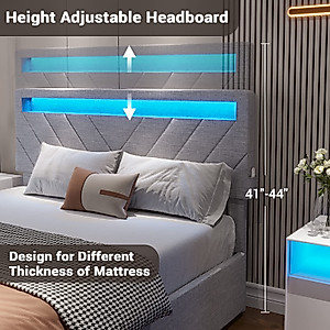 ADORNEVE Queen LED Bed Frame with Drawers Storage, 2 USB Charging Station, Upholstered Platform Bed with Storage & LED Lights Headboard, No Box Spring Needed, Light Grey