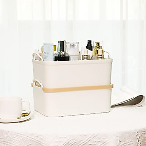 ANMINY Lidded Plastic Storage Bins Set White Desk Basket Box Cube Drawer Organizer Kitchen Food Container with Handles Removable Lids for Cosmetic Makeup Bathroom Countertop Dresser - 2 Medium 3 Small