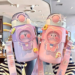 Kawaii Bear Straw Water Bottle with Shoulder Strap, Leak-proof Stainless Steel Vacuum BPA free Cute Insulated Water Bottles and Kawaii Stickers for Girls School Office(Pink)