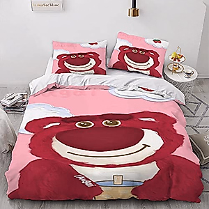 AKARDO Toys Anime Strawberry Lotso Bear Duvet Covers, Soft Microfiber Washed Duvet Cover Set 3 Pieces with Zipper Closure,Beding Set (04,Queen (90"x90"))
