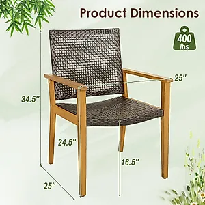 HAPPYGRILL Patio Dining Chair Set of 4, Outdoor Rattan PE Wicker Dining Chairs with Sturdy Acacia Wood Frame, Ergonomic Curved Seat, Outside Rattan Armchairs for Balcony Porch Poolside