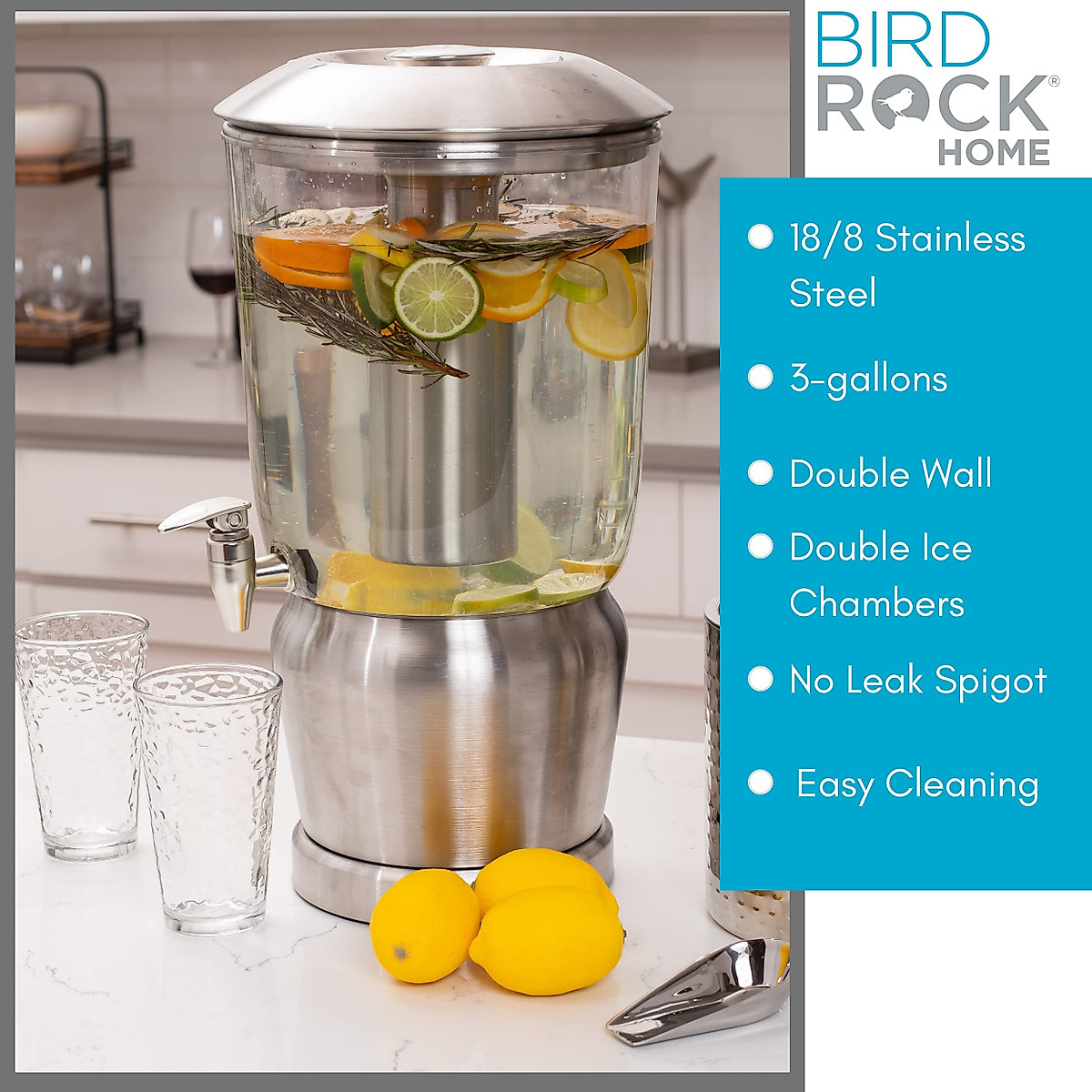BIRDROCK HOME 3 Gallon Stainless Steel Beverage Dispenser with Ice Container, Spigot - Round - Lemonade Sangria Tea Water Drink Jar Jug - Home Parties - BPA Free Clear Acrylic