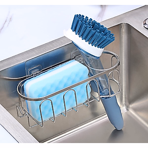 DOLRIS Kitchen Sink Caddy, Sponge Holder for Kitchen Sink, 3 in 1 Adhesive Kitchen Sponge Holder + Brush Holder + Hooks, Kitchen Sink Accessories SUS304 Stainless Steel,Silver