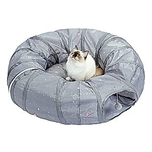 PAWZ Road Cat Tunnel, Cat Tunnel Bed with Central Soft Mat and Plush Ball Toys, Collapsible Tunnel Tube with Cute Rocket Prints for Indoor Kittens, Rabbits and Puppies