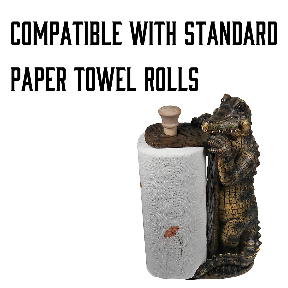 Rivers Edge Products Countertop Paper Towel Holder, Unique Resin and Wood Paper Towel Holder, Novelty Napkin Roll Holder for Counter, Giftable Animal Paper Towel Stand, Alligator
