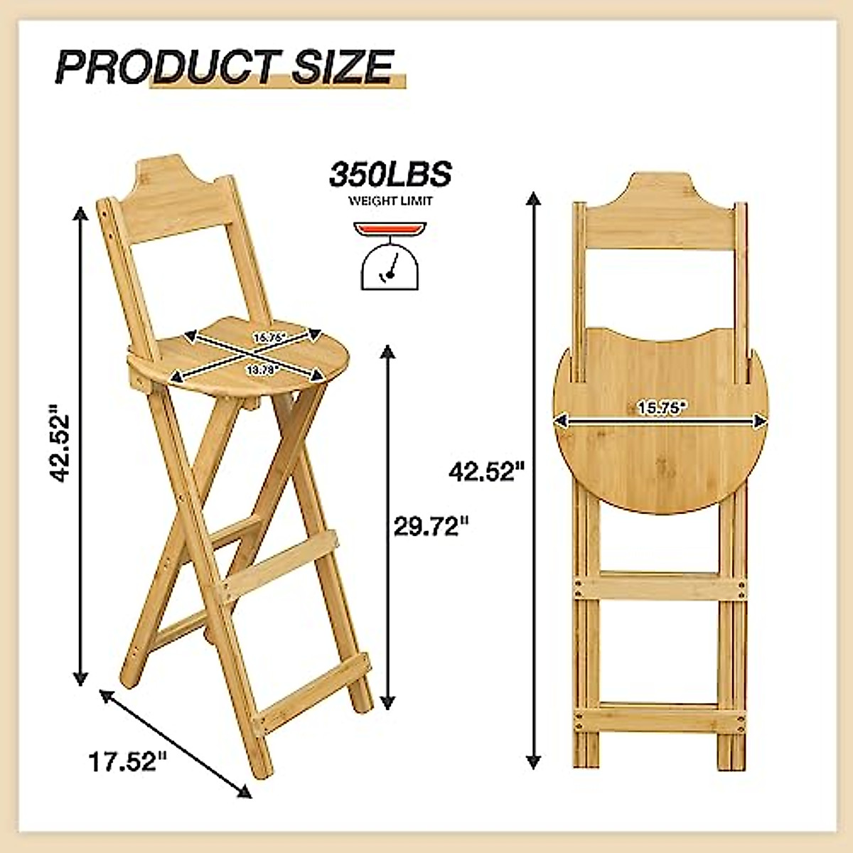 affeivul Folding Bar Stool,Foldable Bar Stools Counter Height,Folding Bamboo Bar Stool with Backrest and Footrest,Collapsible Bar Chairs with Backrest,Portable Folding Stool Tall Bar Stools
