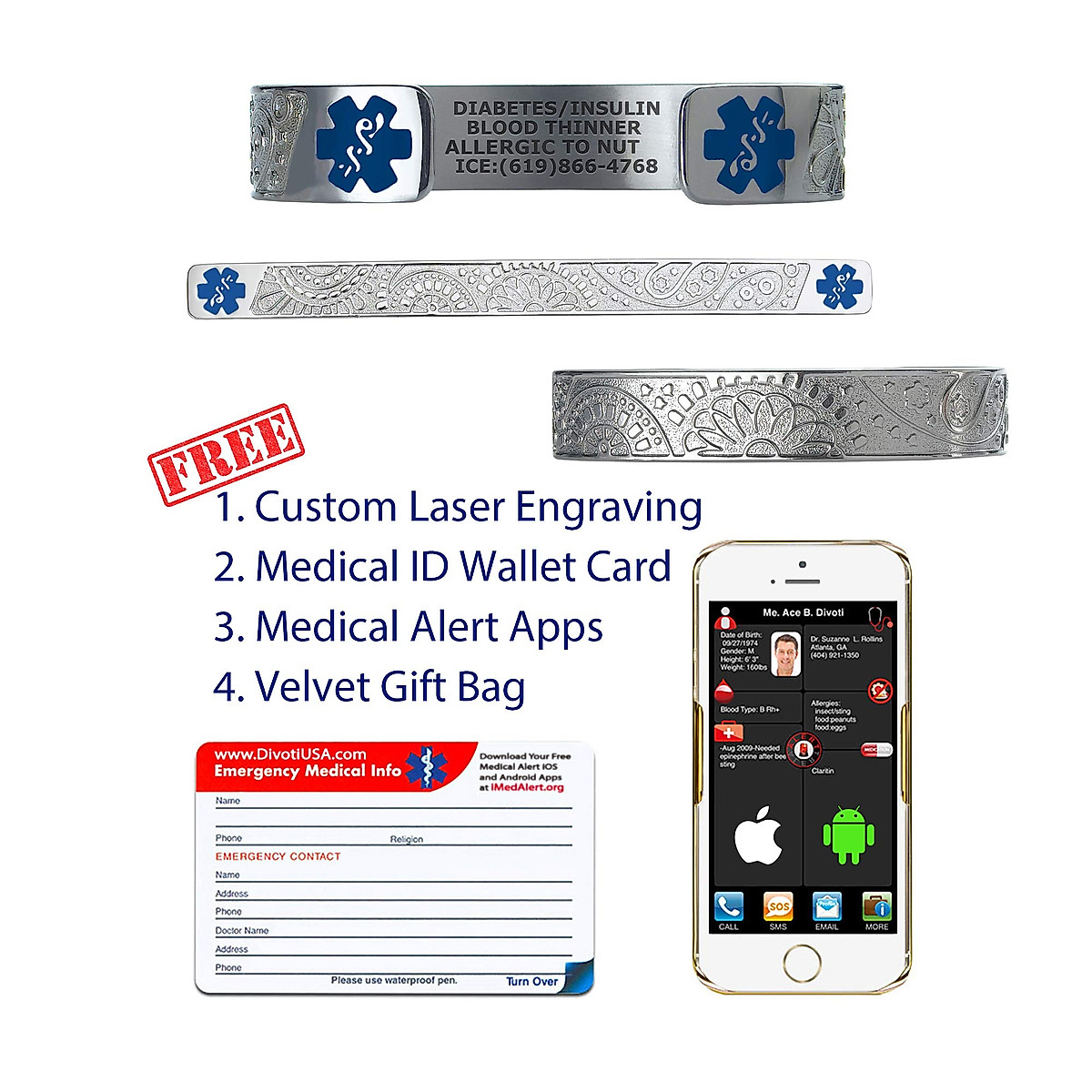 Divoti Custom Engraved Medical Alert Bracelets for Women, Stainless Steel, Medical ID Bracelet w/Free Engraving - Fancy Paisley w/ 6" Cuff (fits 6.5-8.0")-Stainless/Deep Blue