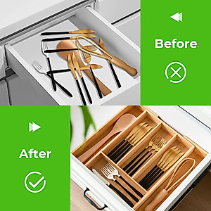JS HOME Bamboo Expandable Drawer Organizer for Utensils Holder, Adjustable Silverware Organizer and Cutlery Tray, Wood Drawer Dividers Organizer for Silverware, Flatware, Knives in Kitchen
