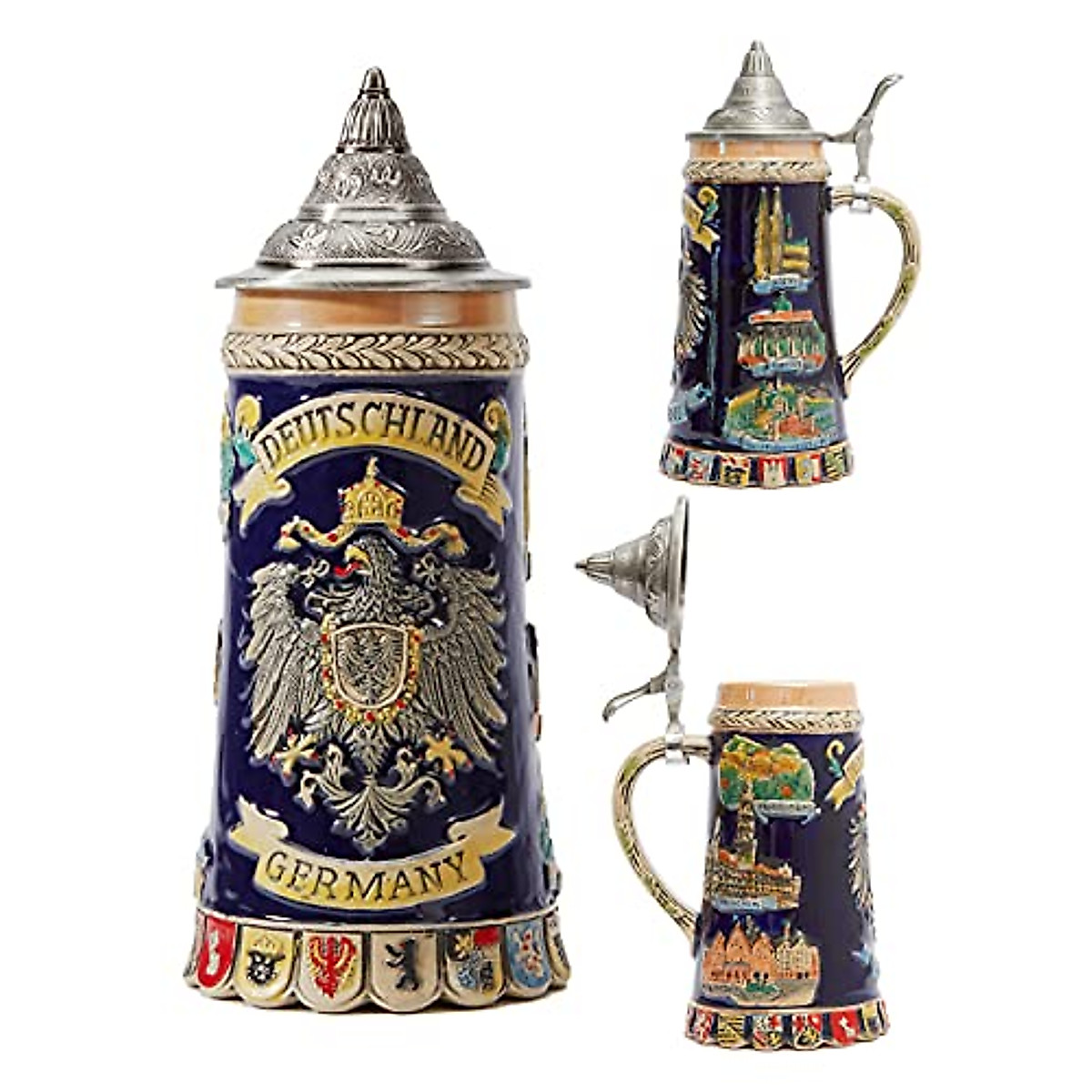 HAUCOZE Beer Stein Mug German Coats of Arms Stanley Viking Tankard with Petwer Lid Birthday Gifts 0.6Liter