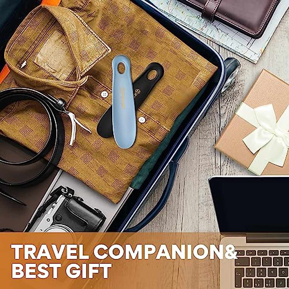 ZOMAKE Plastic Shoe Horn with Hook, 7.3 Inch Small Travel Shoe Horns for Kids, Seniors, Men, Women, Black, Blue(Pack of 2)