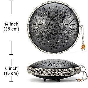 Black 15 Notes 14 Inches Steel Tongue Drum | Wide Range Steel Drum with Carrying Bag & Mallets | Tank Drum for Healing | Random Color | Ideal for Stress Relief and Meditation