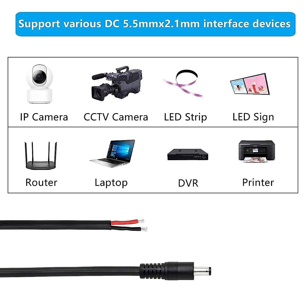 DC Power Pigtails Cable,3FT DC 5.5MM x 2.1MM Male Plug to Bare Wire Open End Power Wire Supply Repair Cable,16 AWG Barrel Connector Pigtail for CCTV Security Camera,DVR,LED Strip Light Etc-2 Pcs(M)