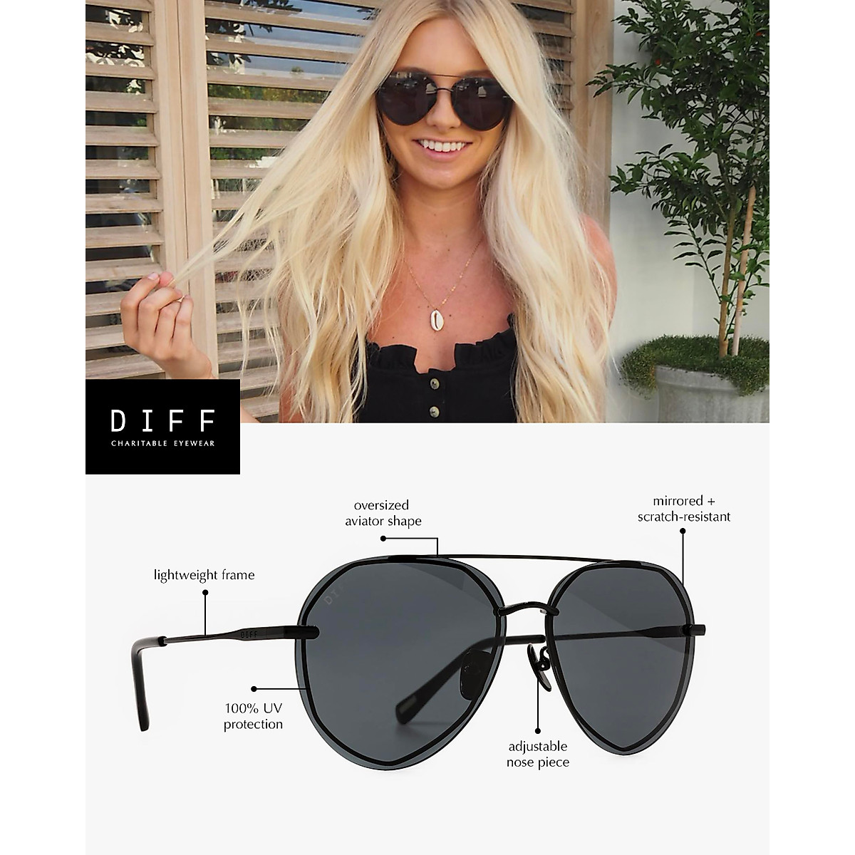 DIFF Lenox Black + Grey, Designer Oversized Aviator Sunglasses for Women UV400 Protection