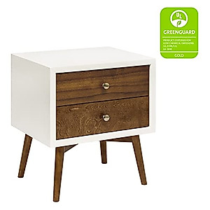 Babyletto Palma 2-Drawer Nightstand with USB Charging Port, Mid-Century, Warm White/Walnut