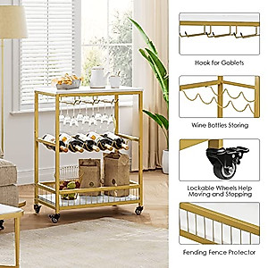 HITHOS Industrial Bar Carts for The Home, Mobile Serving Cart with Wine Rack and Glass Holder, Beverage Cart, on Wheels, Rolling Drink Trolley Living Room, Kitchen, White Gold