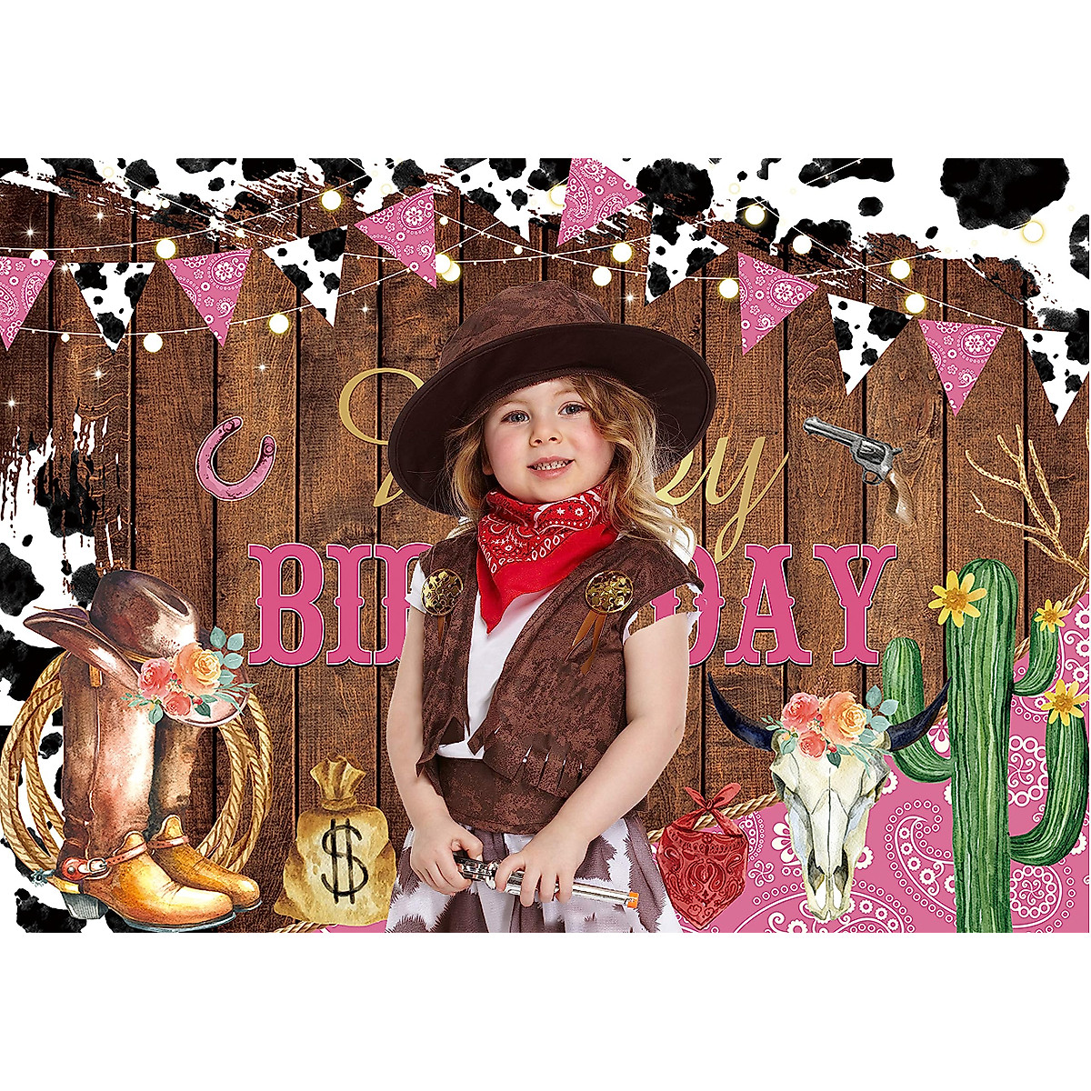 Western Cowgirl Happy Birthday Backdrop Cow Print Pink Wild Party Decorations Banner Rustic West Rodeo Boot Cowgirl Birthday Photography Background Party Supplies Banner 7X5FT(82x59inch)