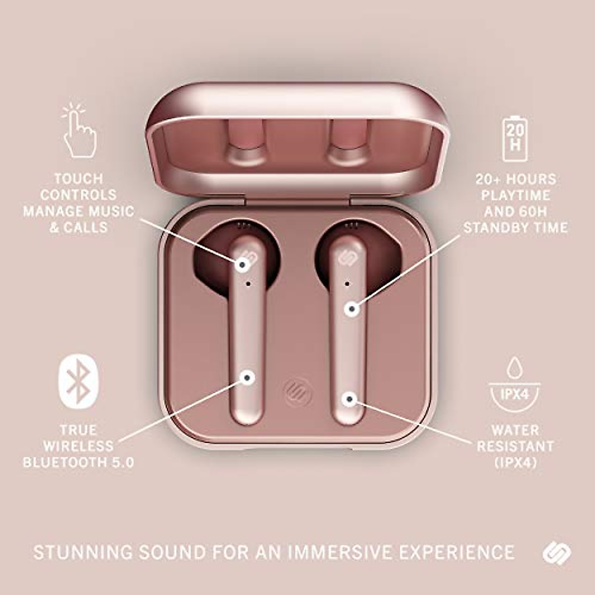 Urbanista Stockholm Plus True Wireless Earbuds - Over 20 Hours Playtime, IPX4 Waterproof Earphones, Bluetooth 5.0 Headphones, Touch Controls & Enhanced Microphone for Clear Calling, Rose Gold