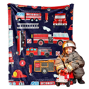 Fire Truck Blanket for Boys, Fire Truck Throw Blanket for Kids, Blue Firefighter for Teens, Soft Lightweight Flannel Truck Car Blankets for Teen Men Birthday Gifts Sofa Couch Bed Decor 40x30In