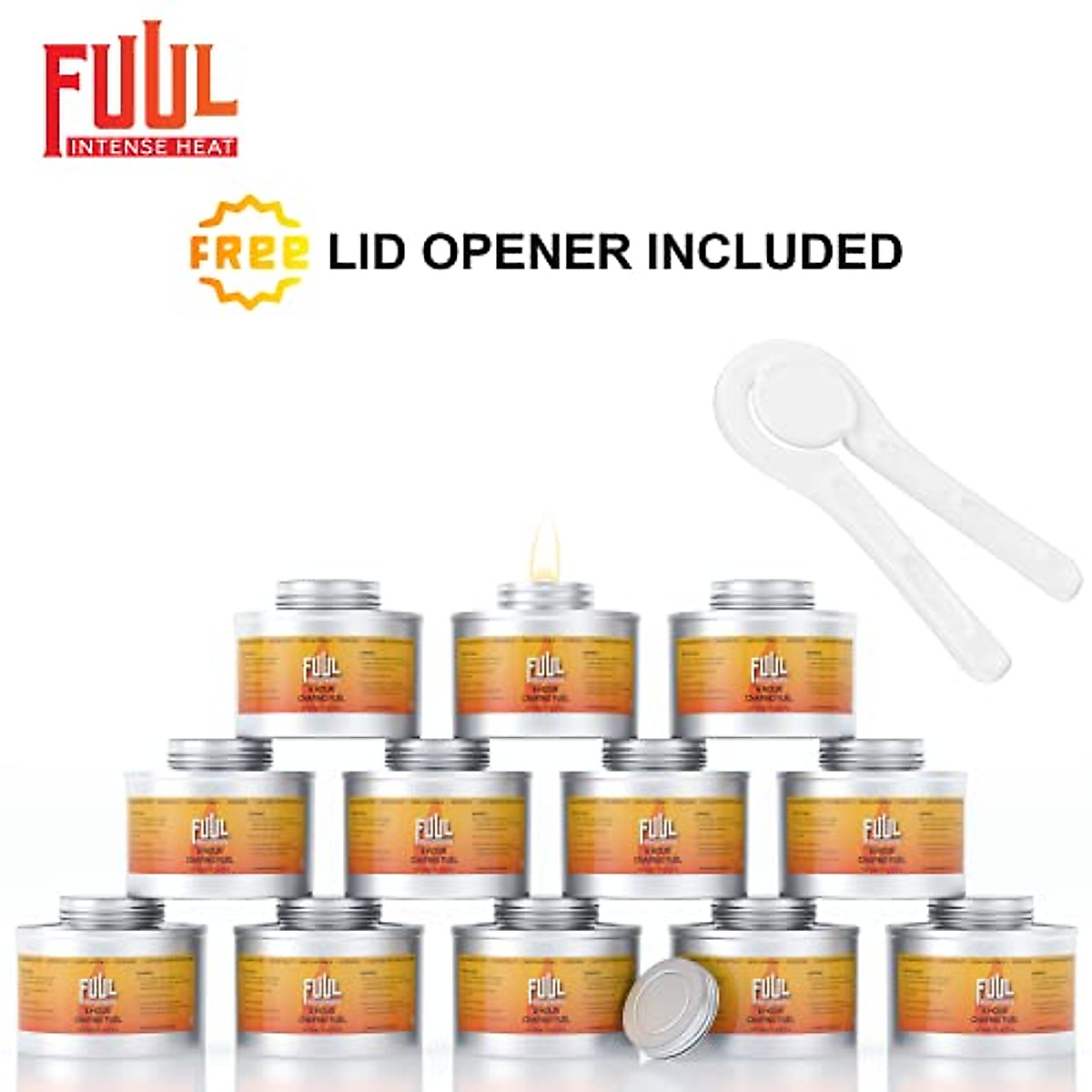 FUUL – Chafing Fuel Dish Burner Cans - 12 Pack - Chafing Dish Fuel Cans Burners To Keep Food Warm with 6-Hours Burning Capacity - Cooking Fuel For Chafing Dishes - 1 Opener Included for Opening Seal