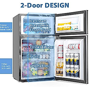 3.2 Cu.Ft Mini Refrigerator Compact Refrigerator Mini Fridge Stainless Steel with Freezer,2 door, for Dorm,Garage, Camper, Basement or Office,Silver, ‎Silver, ‎19.1 x 20.1 x 33.5 inches