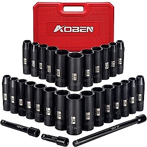 AOBEN 1/2-Inch Drive Impact Socket Set, 29 Pieces, 6 Point, SAE/Metric, (3/8" - 1", 10mm - 24mm), Deep, Cr-V Steel, Includes 3", 5", 10" Extension bars