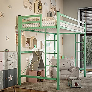 IKIFLY Junior Metal Twin Size Loft Bed Frame with 2 Ladders, Safety Guard Rail, Noise Free, Space-Saving Design - for Adults/Teens - Mint Green