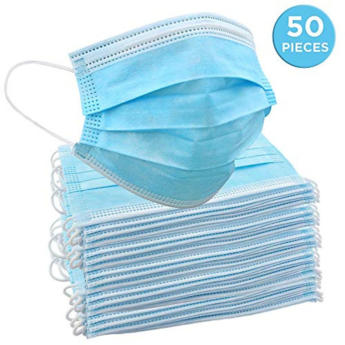 WAVE Essentials Blue Disposable Face Masks | Indoor/Outdoor Protective Nose & Mouth Coverings with 3-Layer Safety Shield, Elastic Ear Loops & Comfortable Universal Design for Adults & Kids | Bulk Pack of 50