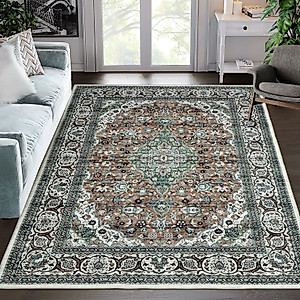 RUGSREAL 8x10 Area Rug Oriental Medallion Living Room Rug Machine Washable Throw Rug Stain & Water Resistant Washable Rug Non-Shedding Indoor Floor Cover for Bedroom Dining Room, Green, 8x10 Feet