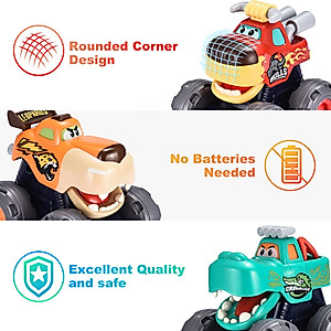 HIEMAO Monster Toy Cars for 1 2 3 4 Year Old Boys, 3 Pack Friction Powered Push & Pull and Go Animal Trucks, Car Toys Vehicles Set for Toddler (Mid Size, Bull/Leopard/Crocodile)