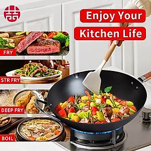 WANGYUANJI Carbon Steel Wok,14.2" Wok Pan with Lid, Woks & Stir-Fry Pans No Chemical Coated Wok for Induction, Electric, Gas, Halogen All Stoves-Practical Gift Flat Bottom Iron Wok